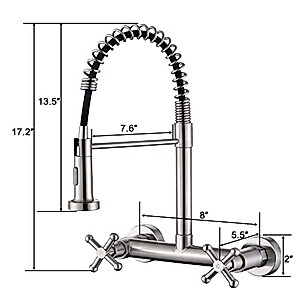 Wall Mount Kitchen Sink Faucet with Pull Out Sprayer Tow Function Commercial Spring Faucet 2 Industrial Handle High Arc Center Faucet, Brushed Finish