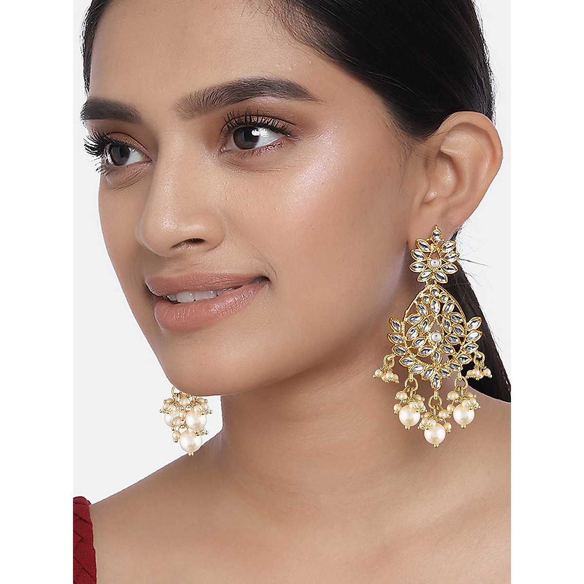 Aheli Indian Chandelier Pearl Beaded Dangle Big Earrings Ethnic wear Bollywood style Perfect for Wedding, Party Fashion Jewelry for Women