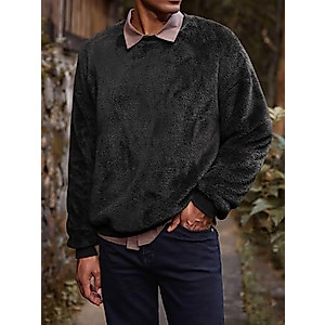 Mens Fuzzy Sherpa Sweatshirt Long Sleeve Fluffy Crew Neck Pullover Cozy Basic Unisex Fall Winter Warm Tops Black