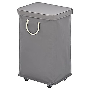 mDesign Large Polyester Rolling Laundry Hamper with Wheels, Removable Lid, and Rope Carrying Handles, Collapsible Hampers with Wheels for Compact Storage, Tall Single Compartment Basket, Charcoal Gray
