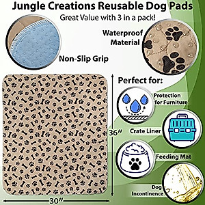 JUNGLE CREATIONS Washable Pee Pads for Dogs (3-Pack) Reusable Waterproof Potty Training Mats for Puppy Playpen, Whelping Box, Crate Liner for Small, Medium, Large, and XL Pets (30" x 36")