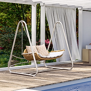 Domi Outdoor Patio Porch Swing, 2-Seat Hanging Swing Chair with Thickened Cushions and Pillow, Rattan Porch Swing Chair Outdoor Hammock Chair for Porch, Backyard, Garden