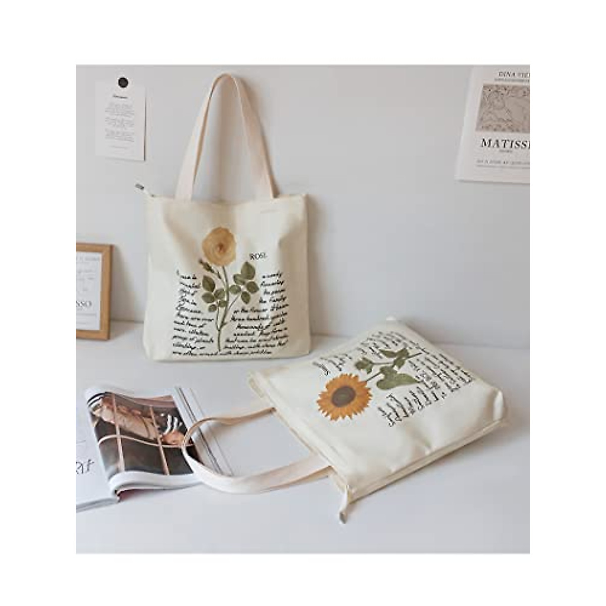 Floral Canvas Tote Bag Botanical Shopping Bag Aesthetic Flower Tote Bag Canvas Grocery Bag for Women Trendy Tote One Size
