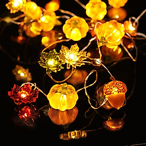 BOHON Thanksgiving Decoration Acorn 3D Pumpkin Maple Leaf String Lights Battery Operated with Remote 10ft 30 LEDs Orange Fall Lights for Home Autumn Garland Harvest Halloween Party Christmas Decor