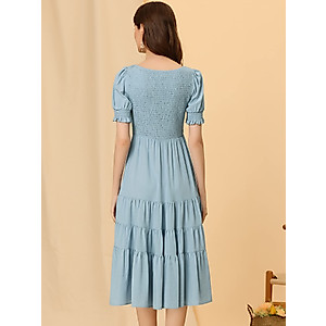Allegra K Peasant Smocked Dress for Women's Short Sleeve Midi Summer Casual Tiered A-Line Dress Medium Blue