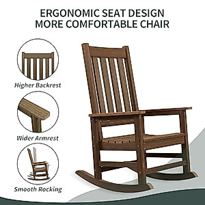 Marcytop Outdoor Indoor Rocking Chair, HDPE Poly Rocking Chair with Wide Contoured Seat, Support up to 350 lbs, Low Maintenance and Weather Resistance Oversized Porch Rocker, Bright Brown