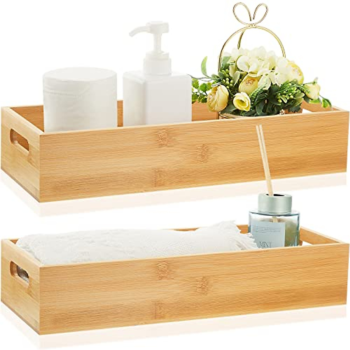 2 Pcs Bamboo Toilet Tank Tray Bathroom Trays Bamboo Bathroom Organizer Wood Toilet Paper Basket with Handles Bamboo Bathroom Box with 10 Pcs Silicone Non Slip Pad for Bathroom Accessories