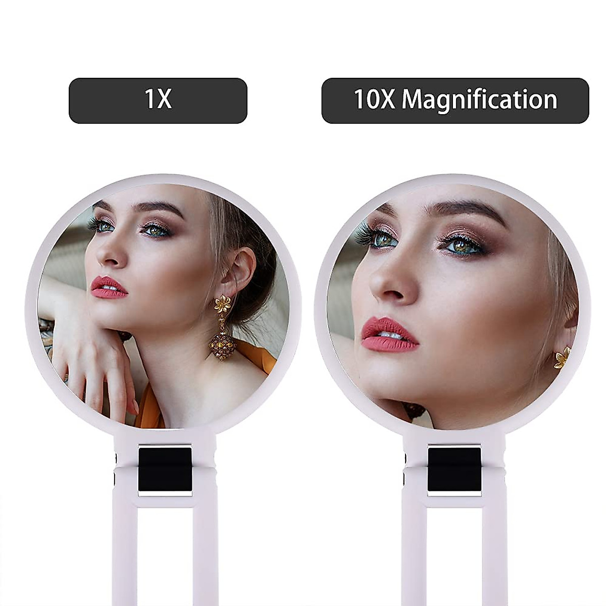 LOTIKO 1x 10x Magnifying Handheld Mirror,Travel Folding Hand Held Mirror,Double Sided Pedestal Magnification and True Image Makeup Mirror, Portable Vanity Cosmetic Mirror for Women （White）