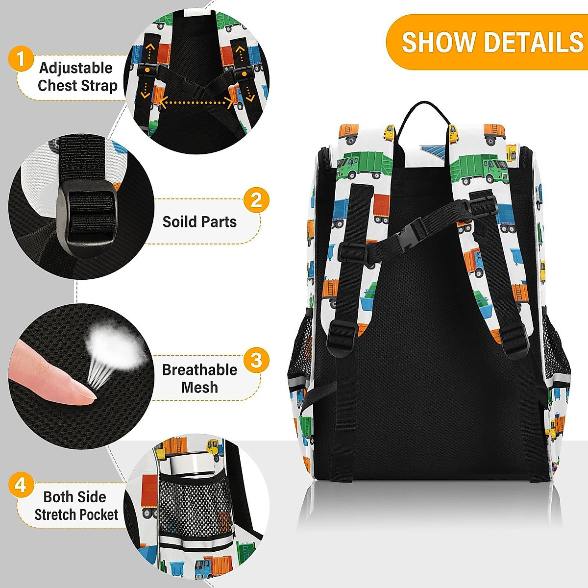 XUWU Custom Personalized Garbage Trucks Backpack with Reflective Strip for Kids Boys Girls Elementary School Bag Removable Chest Strap