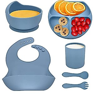 CARELAX Baby Led Weaning Supplies, Silicone Baby Feeding Set, First Stage Toddler Utensils, Silicone Bib for Babies, Spoon Fork, Cup, Suction Bowl and Baby Divided Plates for Kids