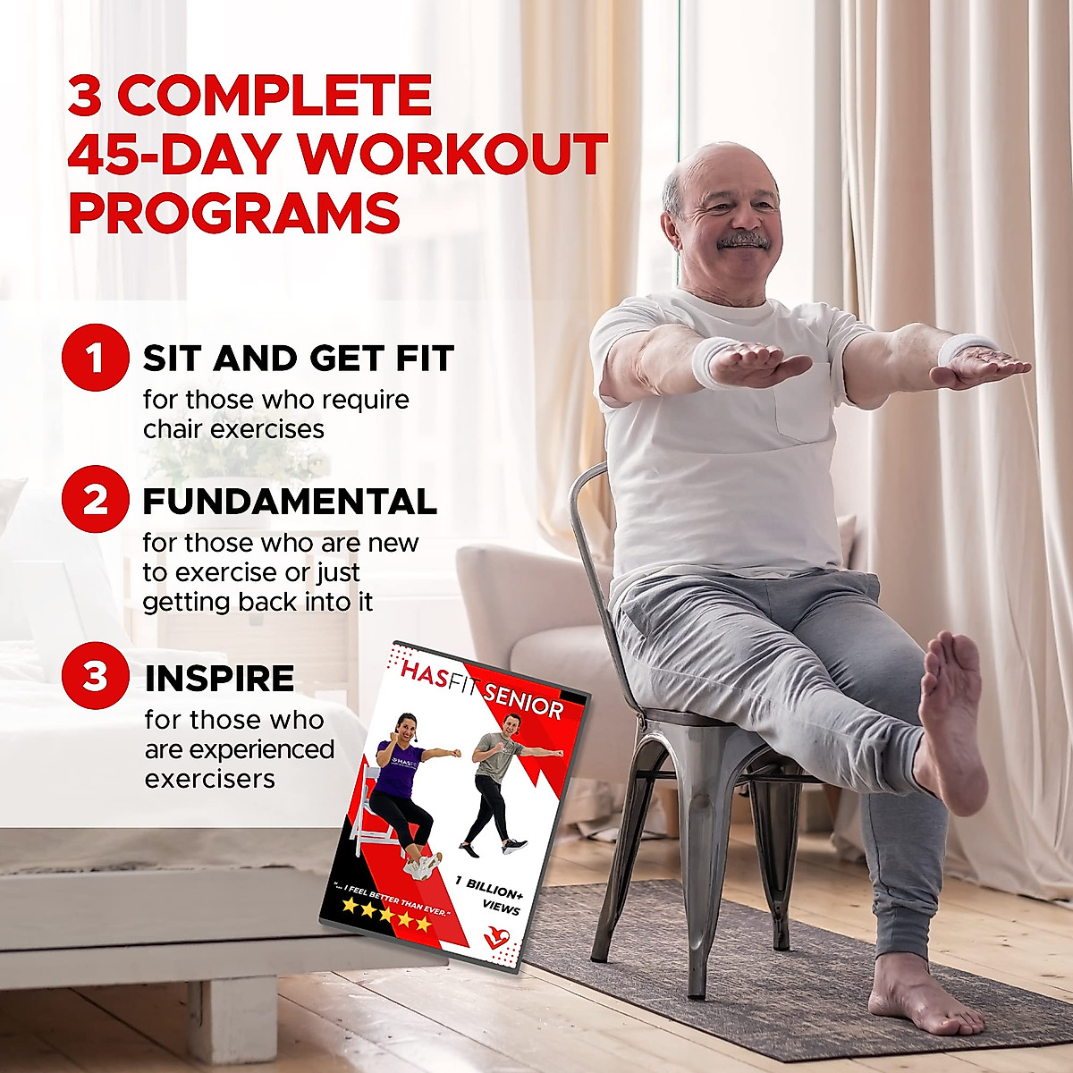 HASfit Exercises for Seniors DVD - 4 Discs - 16 Senior Workouts for Balance, Weight Loss, Flexibility, Cardio, Strength, Yoga Fitness, Seated Chair Exercise For Beginners, Elderly - 3 Programs