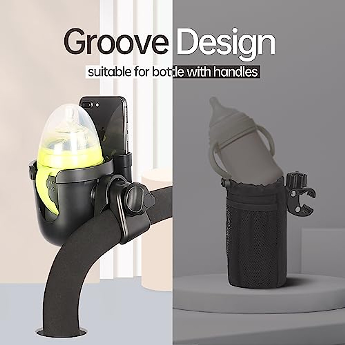 YUSOUWEY Stroller Cup Holder (2 in 1, with Phone Holder), Stability and Convenience Make Your Life Easier, Anti-Slip Clip, 360° Rotating, Suitable for Baby Strollers, Walkers, Shopping Carts
