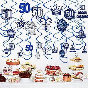 36Pcs 50th Birthday Decorations Hanging Swirls Party Supplies for Men, Happy 50 Year Old Birthday Party Ceiling Hanging Foil Swirl Decor, Blue Silver Fifty Birthday Hanging Sign