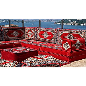 Red Corner Sofa Seating Set, L Shaped Arabic Sofa Set, Oriental Floor Seating, Living Room Sofa, Sofa Slipcovers, Patio Sofa (L Sofa + Rug + Poufs)
