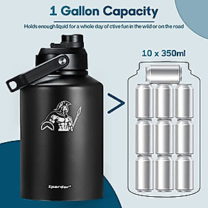 Spardar Stainless Steel Water Bottles, 1 Gallon Insulated Water Bottle With Bottle Sleeve, 128oz Metal Water Bottle for Sports, Gym and Office, Double Walled, Leak Proof, BPA-Free, Black