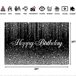 5×3ft Black Silver Bokeh Birthday Backdrop Silver Confetti Sweet 16 30th 40th 50th 60th 70th Bday Party Banner Decorations Happy Birthday Photography Background for Adult Party Photo Studio Props