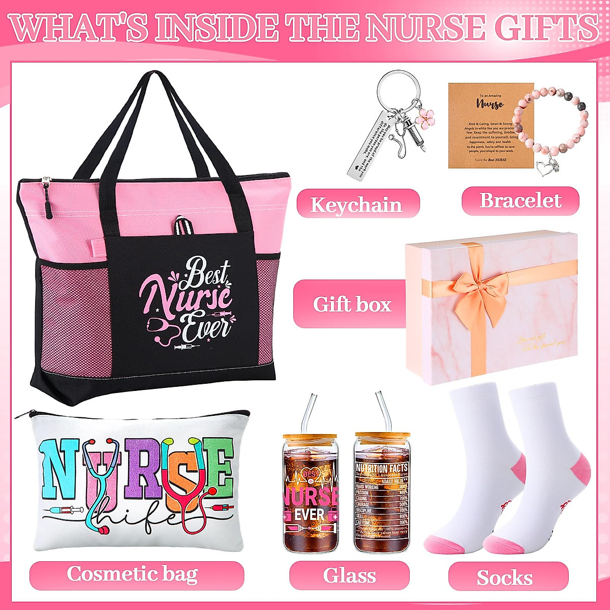 Funnymoom 7 Pcs Nurse Gifts 16 oz Glass Cup Set Nursing Graduation Appreciation Practitioner Birthday Gifts Box for Women Doctors Assistant