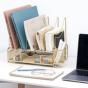 ARCOBIS Gold Desk File Organizer for Women, Desk Organizers and Accessories with Pen Holder & Sliding Drawer & Vertical File Folder Sorters, Cute Desktop File Holder for Office Supplies