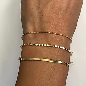 ASCOMY Dainty Gold Bracelets for Women 14K Gold Plated Gold Flat Herringbone Bracelet for Women Girls Cute Dot Link Ball Chain Bracelets Set Adjustable Layered Bracelet Trendy Gold Jewelry Gifts