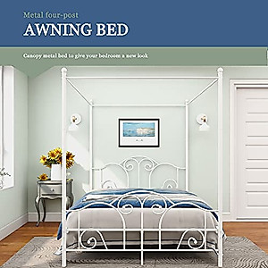 alazyhome Queen Canopy Platform Bed Frame with Headboard and Strong Support Frames Easy Assembly Noise-Free No Box Spring Needed White