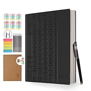 Leather Journal Cover - Reusable Smart Notebook Erasable with APP Storage, 1 Erasable Pen & 10 Rewritable Refill & 1 Colorful Tabs Included（Black Cover）