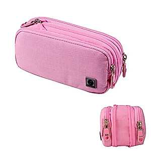 Expandable Pencil Case,Large Pencil Pouch for Boys Teen Girls;Canvas Three Zipper Multifunction Soft Fabric Pen Bag for School by Only WarmPink