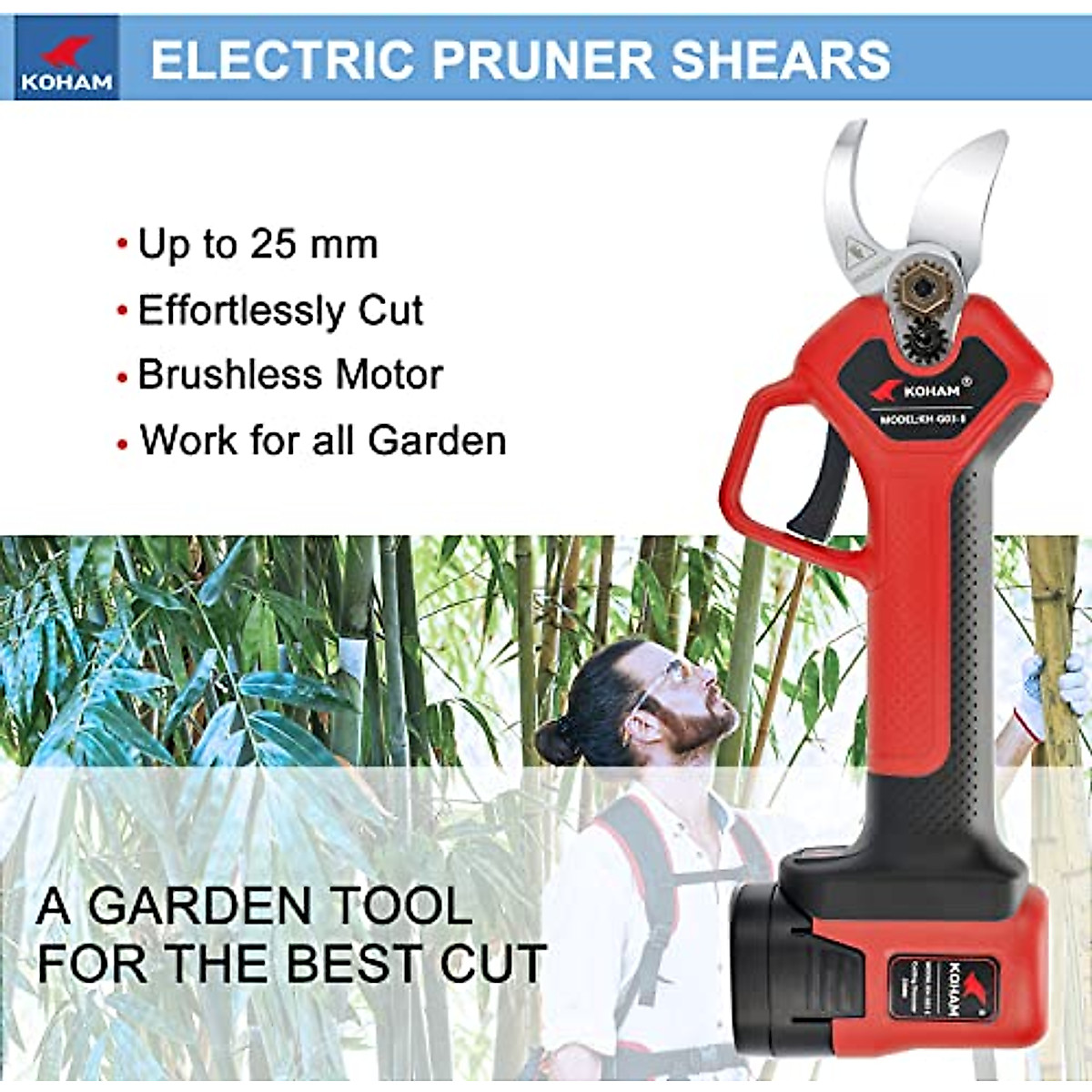 KOHAM Professional Cordless Electric Pruning Shears 16.8V 2Ah Lithium Battery Powered, ETL Certified, 1 Inch Cutting Diameter