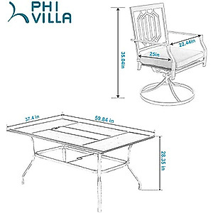 PHI VILLA 7-Piece Outdoor Furniture Dining Set, 1 Rectangle 60"x 37" Large Umbrella Table, 6 Swivel Chairs Furniture Set for Outdoor Garden Lawn Pool Metal Frame Easy to Care Weather Resistant