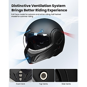 ILM Vintage Full Face Modular Motorcycle Helmet for Adults Men ATV UTV Snowmobile with 180° Reversible Chin Guard DOT Model-B707(Matte Black, L)