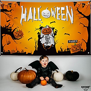 KatchOn, Happy Halloween Backdrops for Photography - XtraLarge, 72x44 Inch | Orange Halloween Banners for Wall | Halloween Pumpkin Backdrop for Halloween Party Decor | Halloween Backdrops for Parties