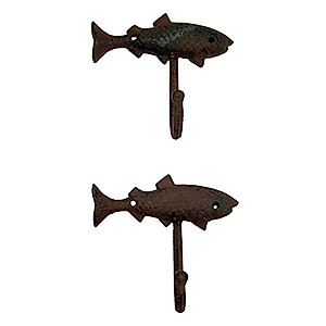 Primitive Brown Fish Cast Iron Anchor Wall Hooks, 5 1/4 Inches, Set of 2