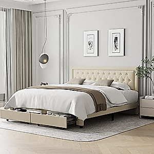 Queen Bed Frame with 2 Storage Drawers, Fabric Upholstered Platform Bed Frame with Deep-set Pattern Button Tufted Headboard, Sturdy Wood Slats Support Mattress Foundation, No Box Spring Needed, Beige