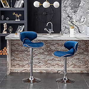 Roundhill Furniture Masaccio Velvet Upholstered Adjustable Swivel Barstool, Set of 2, Blue