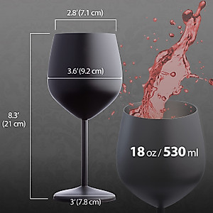 Mosscoff Stainless Steel Wine Glass Set of 4 - Black and Silver collection - 18 oz/530 ml Unbreakable Wine Glasses with a wine stopper - Portable Metal Wine Glass