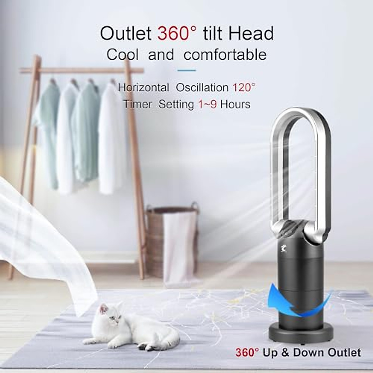 Ocean Loong Bladeless Tower Fan and Air Purifier in one, 9 Speeds & 9 Hs Timer Quiet Cooling Fan, 120 ° Oscillating Bladeless Fan with Remote, 29 inch Powerful Floor Fan for Bedroom Room -Gray