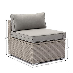 COSIEST Outdoor Furniture Add-on Armless Chair for Expanding Wicker Sectional Sofa Set w Warm Gray Thick Cushions, 1 Floral Fantasy Pillow for Garden, Pool, Backyard