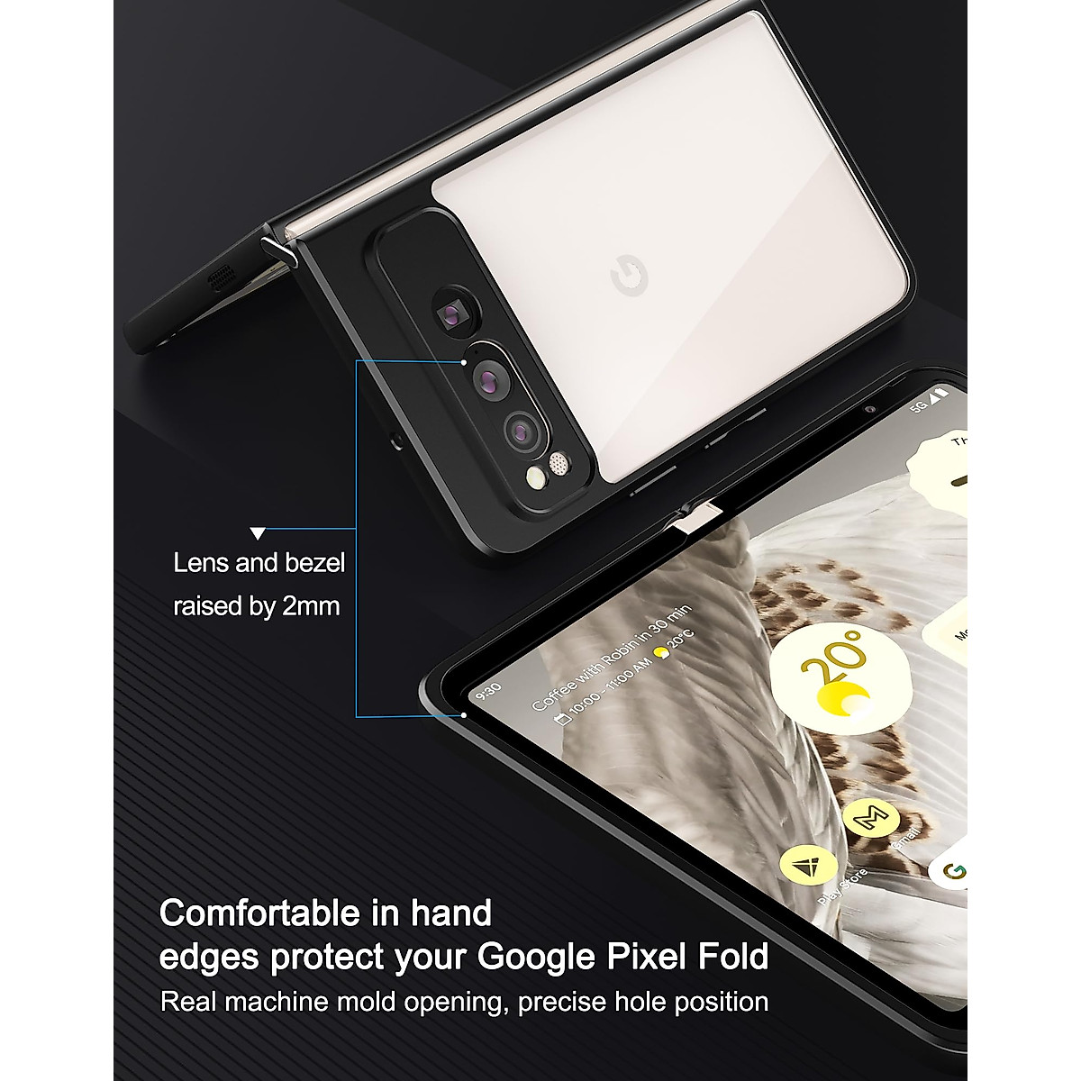 Foluu for Google Pixel Fold 2023 Case, [Not Yellowing] [Military Drop Protection] Shockproof Protective Phone Case Slim Thin Cover for Google Pixel Fold 2023 (Black+Clear)