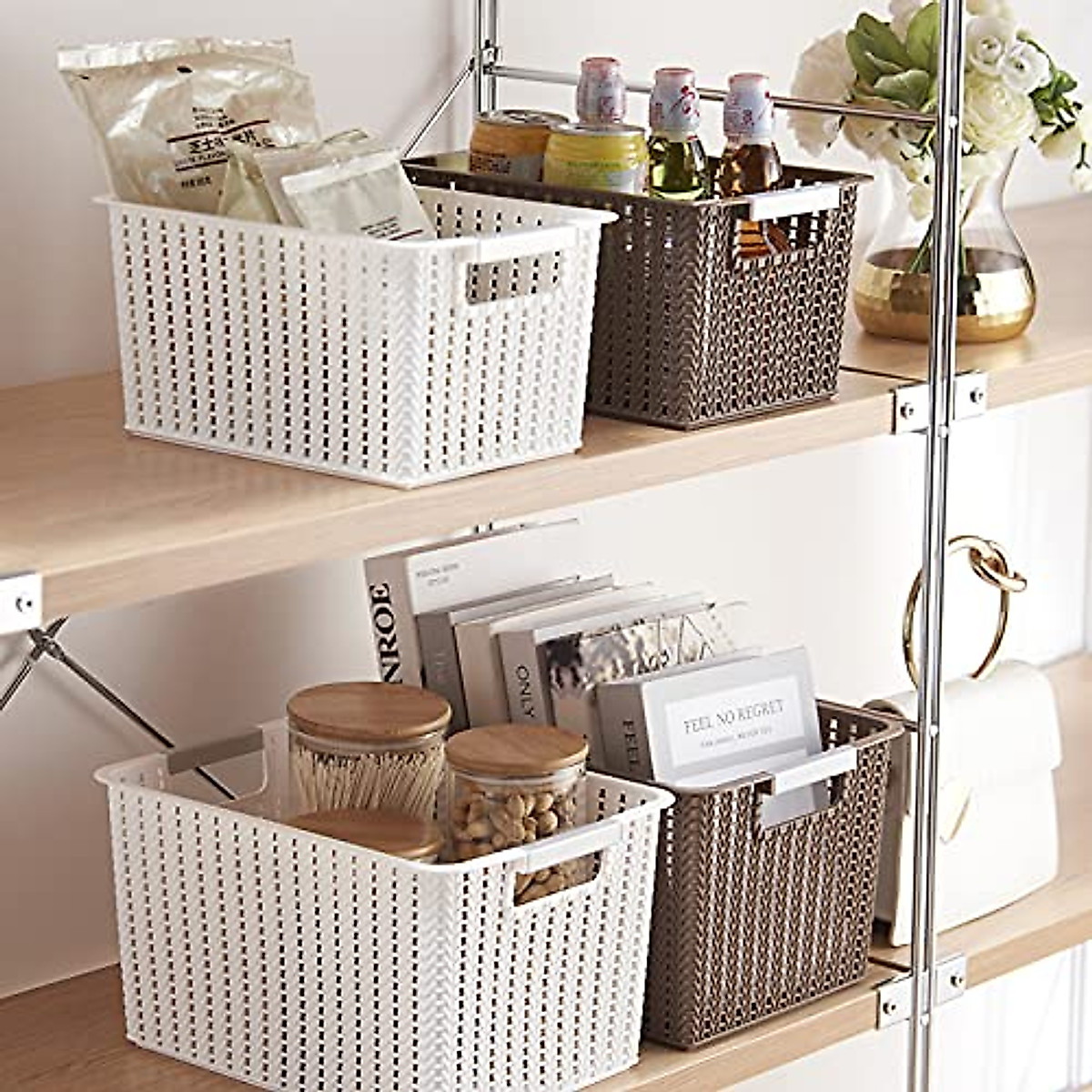 Storage Basket Organizer with Handle | Storage Bin | Home Storage, 7 Liter, Set of 6, White