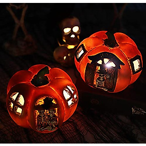Halloween Resin Pumpkin Lanterns, Desktop Led Skull Lights, Outdoor and Indoor Holiday Party Decorations, Garden, Garden and Terrace Home Decoration (2 Pieces)