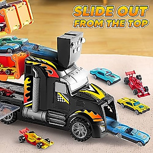 JOYIN Carrier Truck Toys for Kids, 12 Die-Cast Metal Toy Cars with 2 Launchers, Foldable Toy Car Track with Lights & Sounds for Boys, Racing Car for Kids Ages 3-5