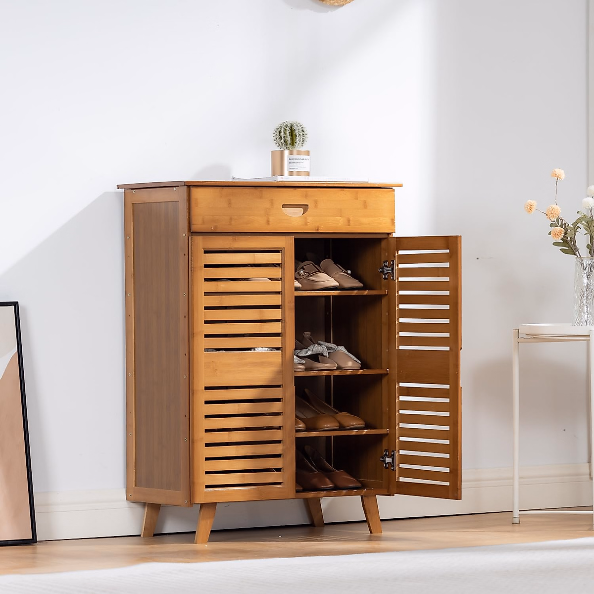 SOBIBO Bamboo Shoe Cabinet, Widen Shoe Storage Cabinet, Shoe Cabinet with1 Drawer and 2 Doors for Entryway, 4 Tier Shoe Storage Cabinet for Closet, Living Room, Bedroom