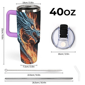 LLUTSNTH 40 Oz Vacuum Tumbler with Violet Handle Leakproof Insulated Tumbler Ice And Fire Dragons Stainless Steel Travel Mug with Lid And Straw Coffee Cup Cute Water Bottles Cup Holder Friendly