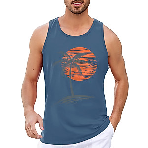 Damorong Mens Sleeveless Tank Tops Workout Gym Shirts Palm Tree Vintage Style T-Shirt Blue