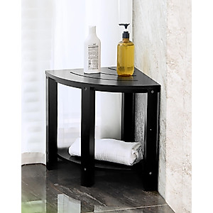 OasisSpace Bamboo Corner Shower Seat Shower Stool, Shaving Stool with Non-Slip Feet, Wood 2-Tier Seat with Storage Shelf for Bathroom, Living Room, Bedroom, Used for Seat or Organizer