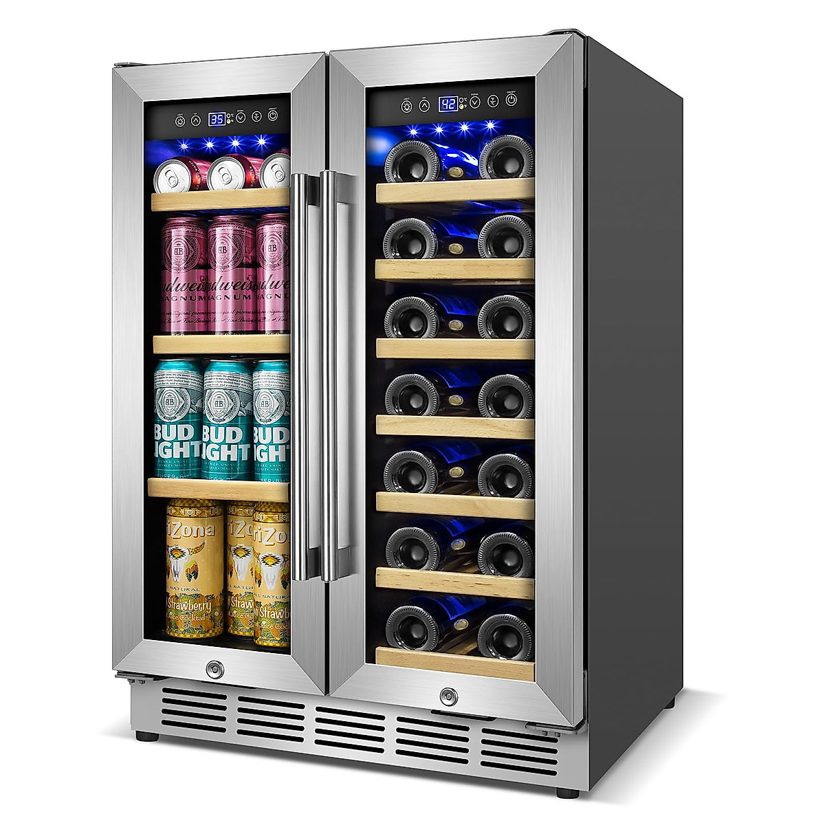 turephe Wine and Beverage Refrigerator, 24Inch Beverage Cooler Dual Zone with Glass Door, Built-in/Freestanding Beverage Fridge with Upgraded 20 Bottles and 60 Cans Large Capacity