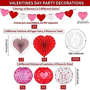 ANVAVO 6 Pieces Valentines Day Paper Lanterns 6 Pieces Red Heart Party Hanging Paper Fans 2 Strings Hearts Shaped Felt Garland Banner with Fishing Line, Valentines Day Decor Party Decoration Supplies