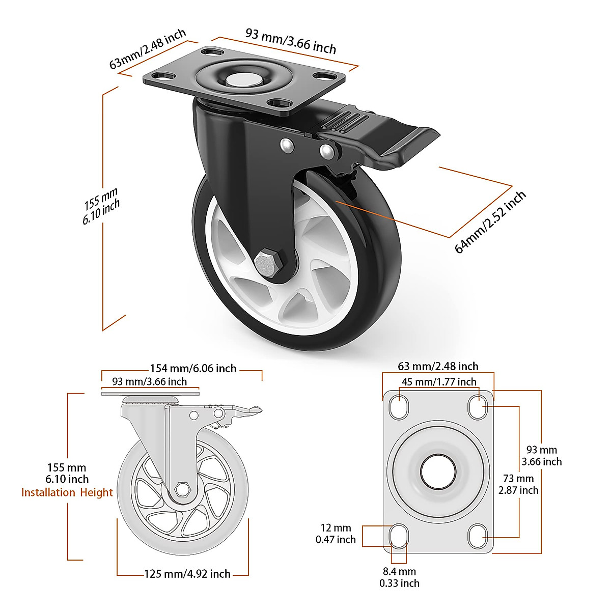 5 Inch Caster Wheels, Heavy Duty 5” Casters Set of 4 with Brake, TONSUM No Noise Polyurethane (PU) Wheels and Safety Dual Locking casters, Swivel Plate Castors (Two Hardware Kits for Free) (5inch)