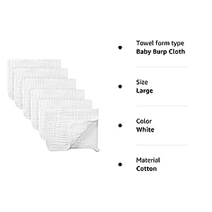 Irenare 6 Pieces Large 20 x 10 Inch Muslin Burp Cloths Multi-Colors Muslin Washcloths Baby Burping Cloth Diapers 6 Absorbent Layers Muslin Face Towels for Baby (White)