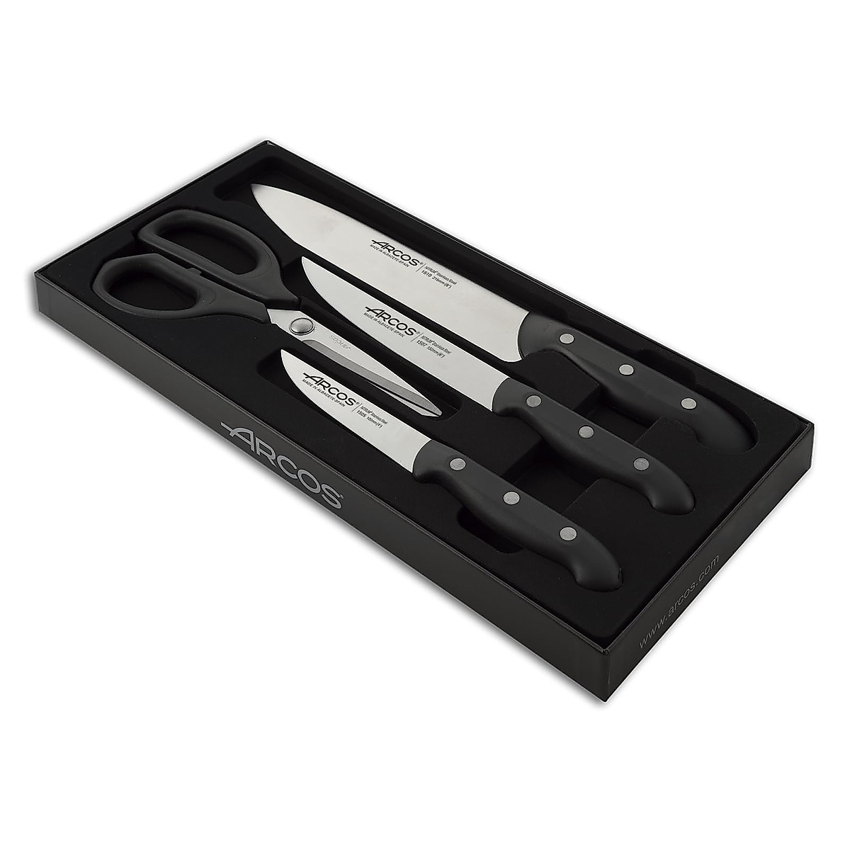 ARCOS Kitchen Knife Set 4 Pieces. 3 Chef Knives and 1 Scissors of Stainless Steel and Ergonomic Polyoxymethylene Handle for Cutting Meat, Fish and Vegetables. Series Maitre. Color Black