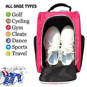 Golf Shoe Bag for Women，Zippered Golf Shoe Carrier Bag with Ventilation and 3 External Pockets for Golf Balls, Golf Glove, Tees and Other Golf Accessories(Red)